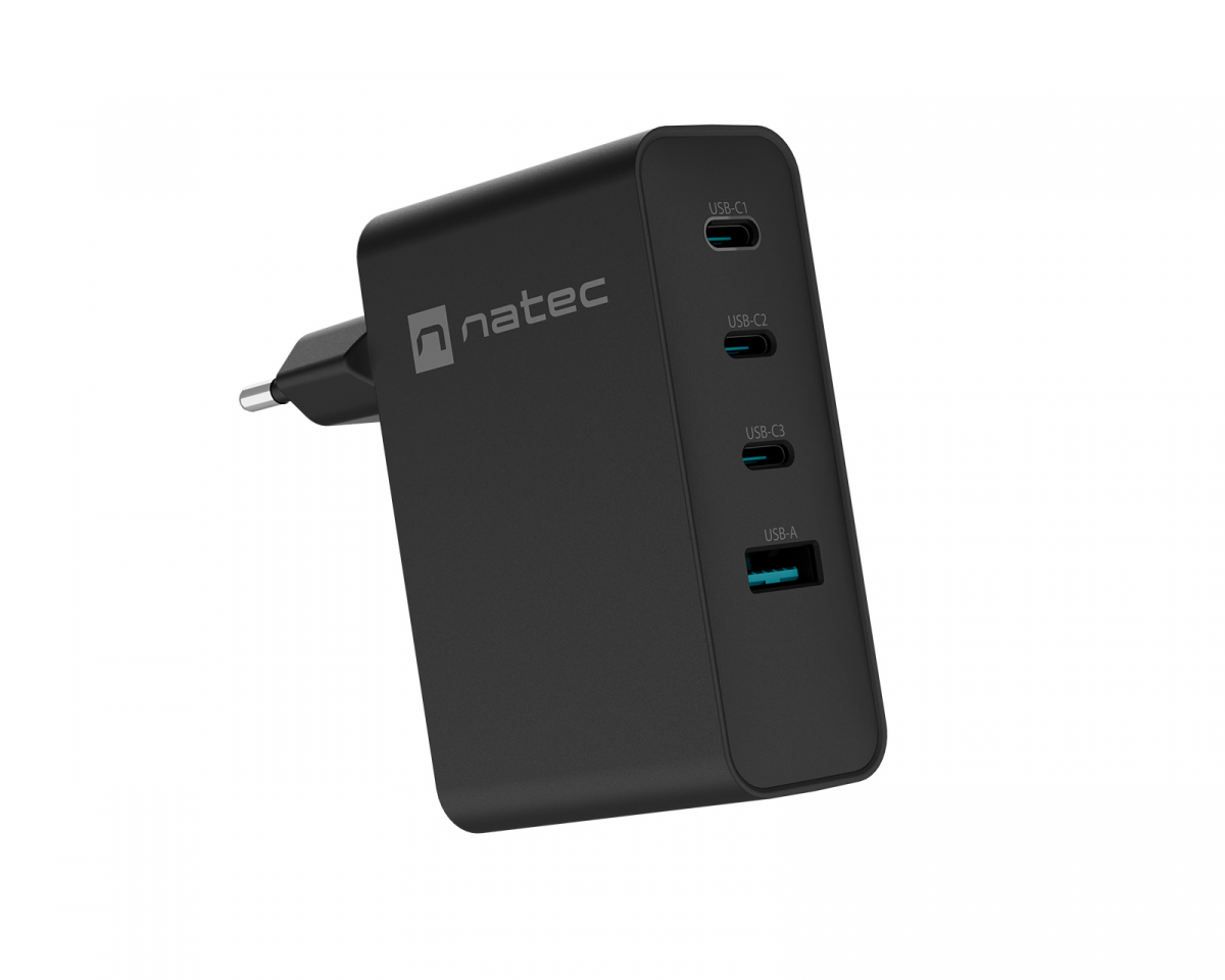 Natec Ribera GaN 3x USB-C & 1x USB-A Oplader - 100W - Sort - MaxGaming.dk